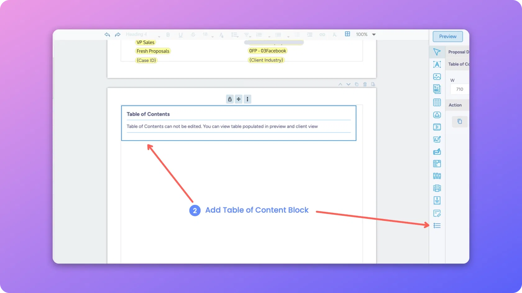 You can add new content block table of content to proposal pages